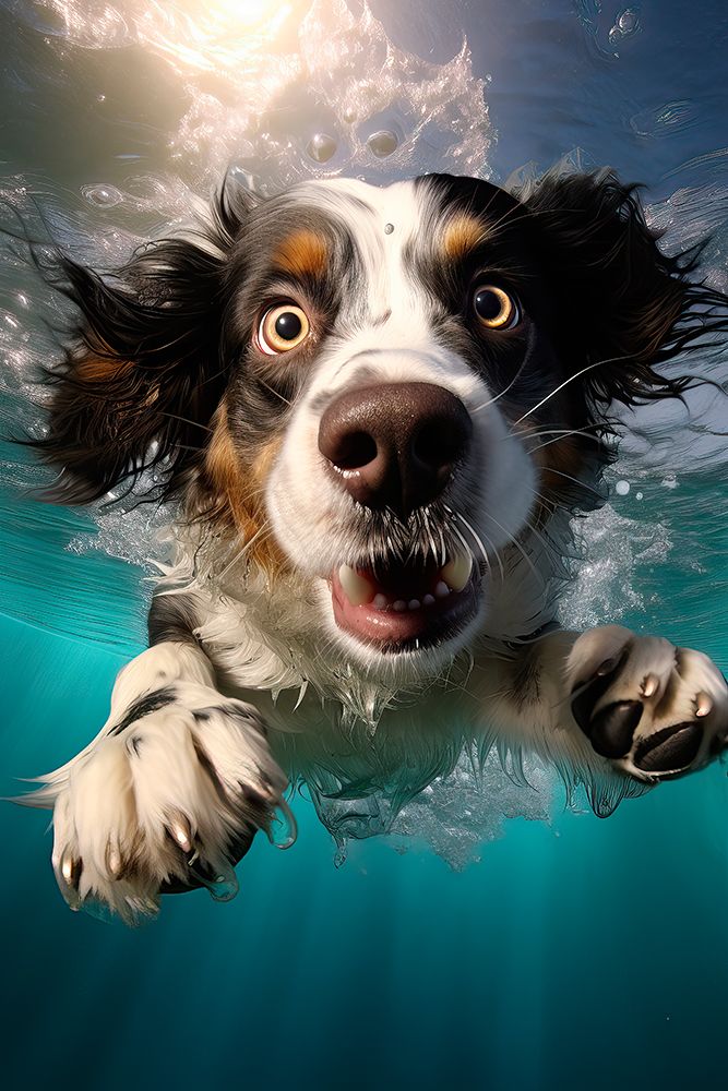 Dog diving into swimming pool. AI Generated. - Partners Art & Framing
