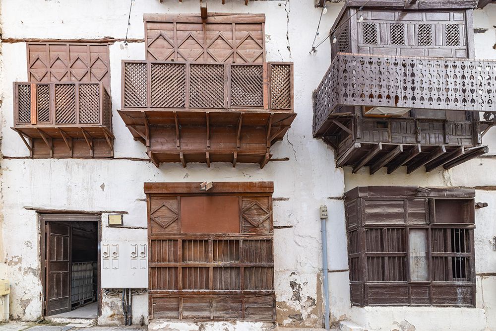 Saudi Arabia, Mecca, Jeddah, Al-Balad.Hijazi tower house with wooden ...