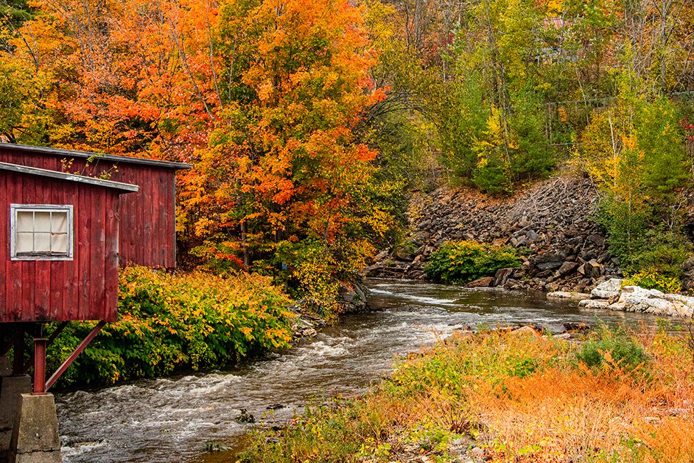 USA-Vermont-Stowe-red mill on Little River as it flows south of Stowe ...